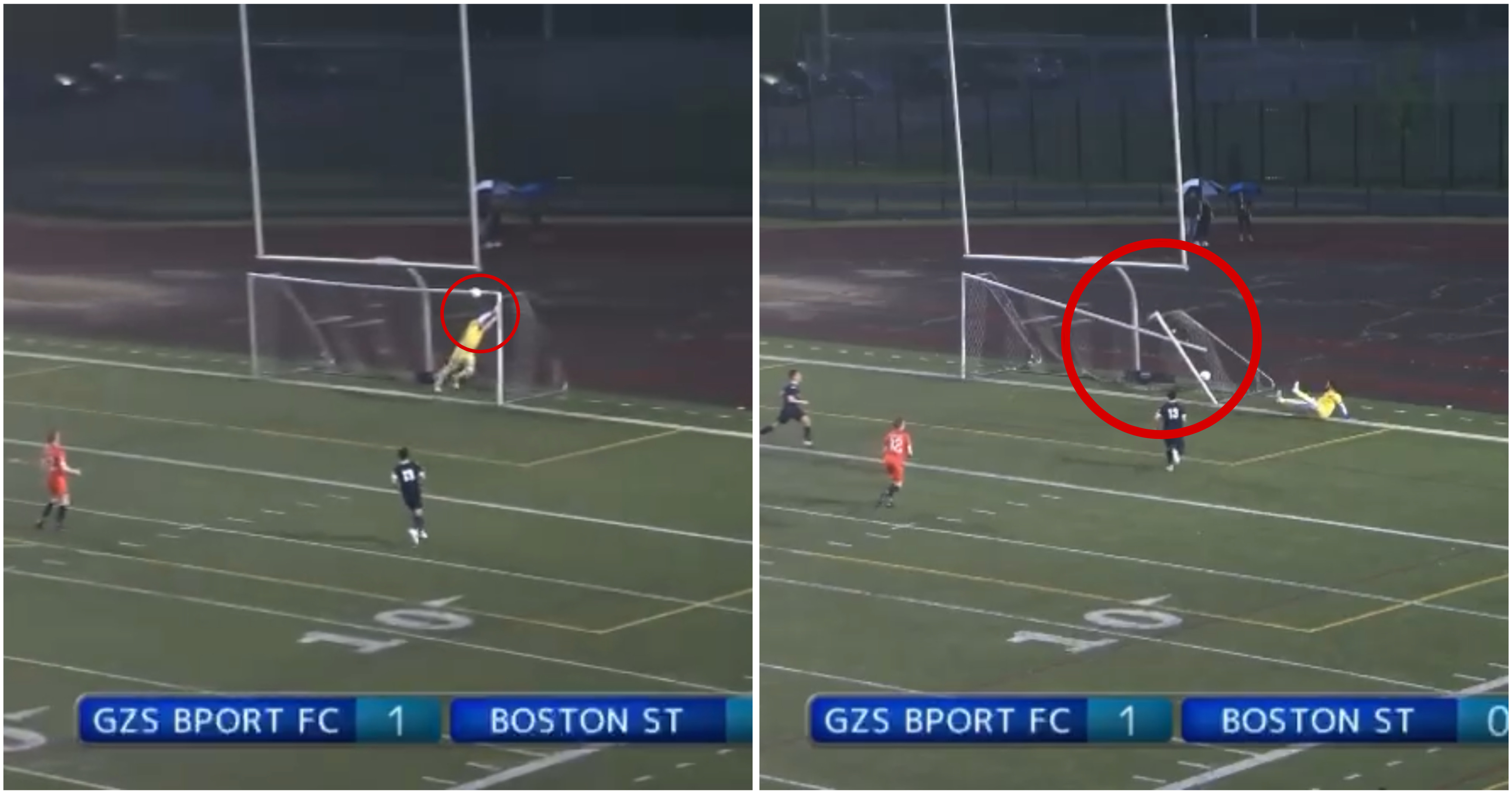 Watch: Goalkeeper breaks goal in half after making free-kick save